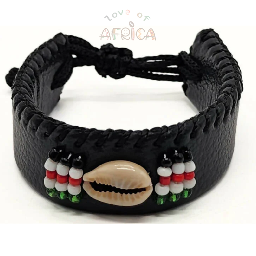 Leather Hand Band with Cowrie Shell & Maasai Beads - Love of Africa Store